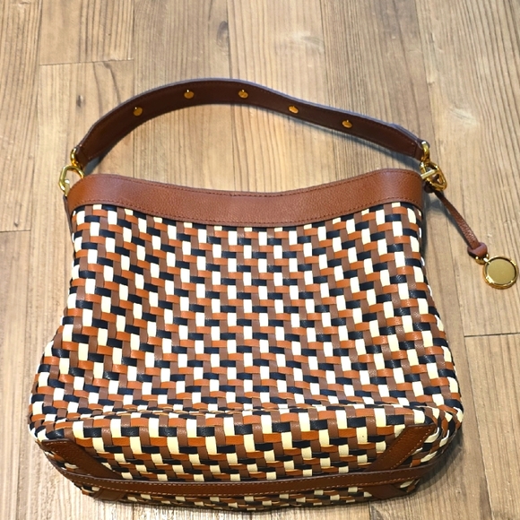 Fossil | Bags | Fossil Jessie Bucket Brown And Cream Leather Woven ...